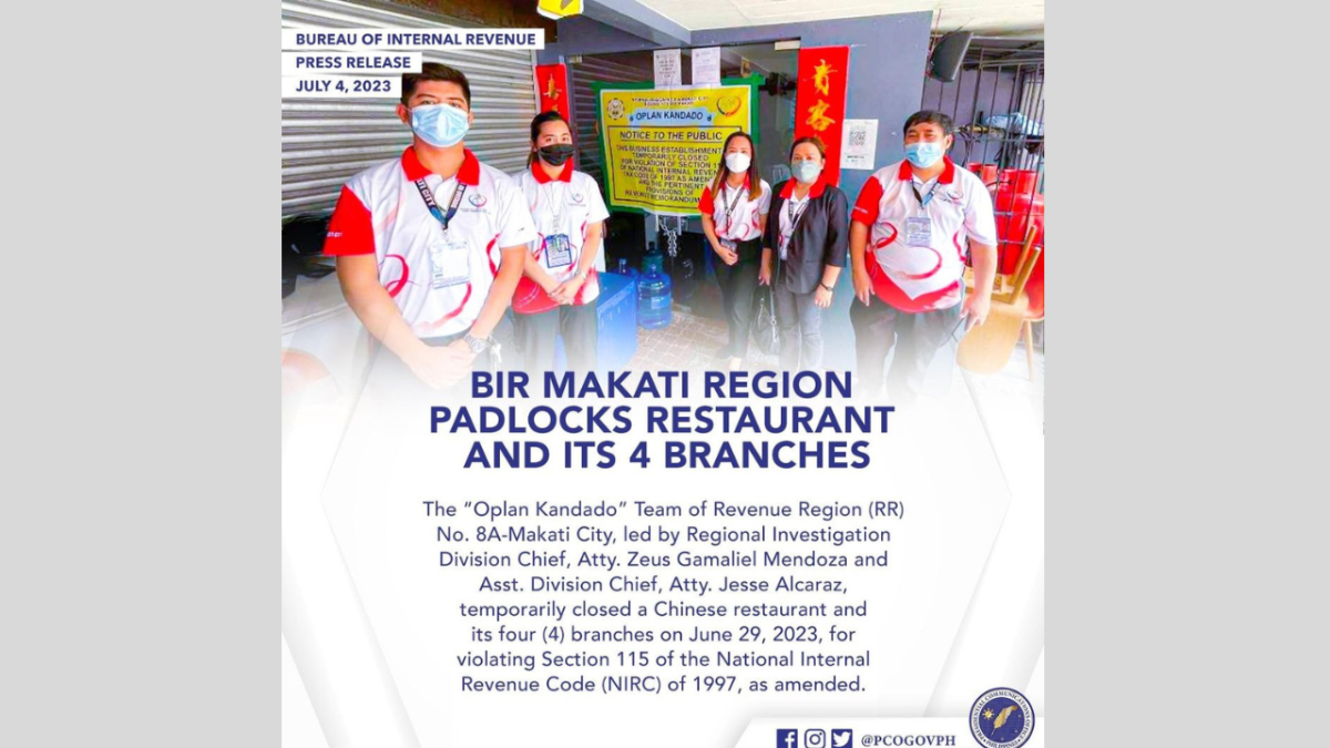 BIR ‘OPLAN KANDADO’ PADLOCKS 5 RESTAURANTS – The Bench Files
