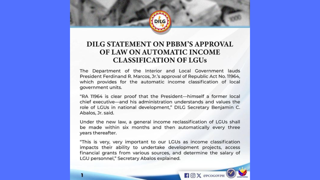 DILG STATEMENT ON PBBM’S APPROVAL OF LAW ON AUTOMATIC INCOME ...